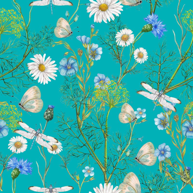 Hand Drawn Botanical Seamless Pattern of Garden Wildflowers Stock ...