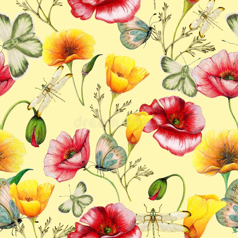 Hand Drawn Botanical Seamless Pattern of Garden Wildflowers,plants ...
