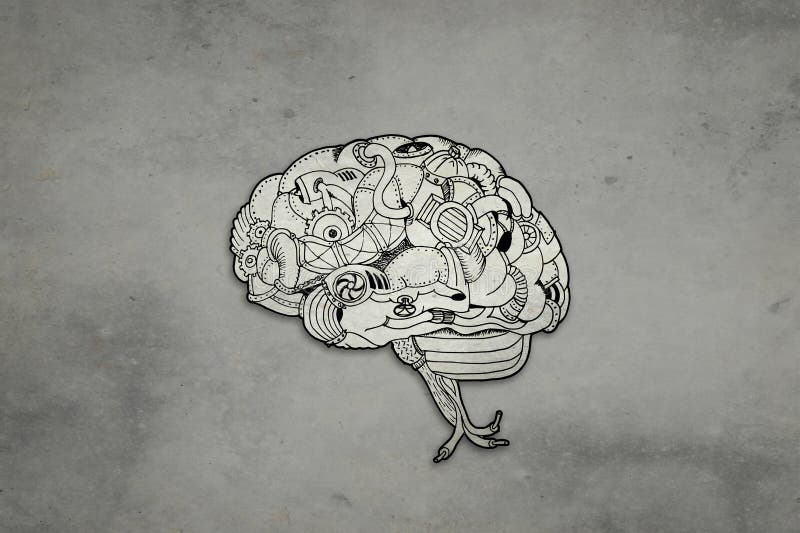 Hand Drawn Brain with Metal Sheets and Technical Details Stock ...