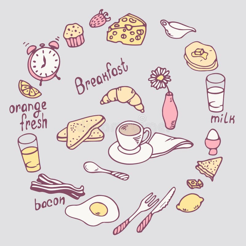 Hand Drawn Breakfast Item Set. Cute Food Illustration in Vector Stock ...