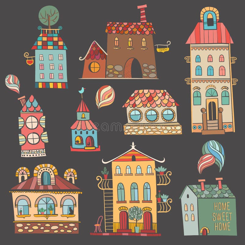 Hand Drawn Buildings in Vintage Style Stock Vector - Illustration of ...