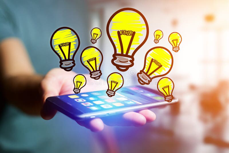 Hand Drawn Bulb Lamp Icon Going Out a Smartphone Interface of a Stock ...