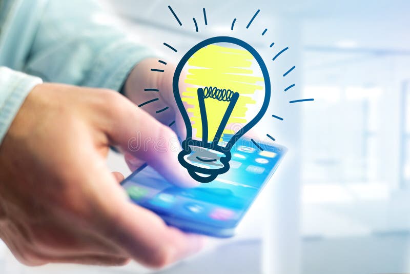 Hand Drawn Bulb Lamp Icon Going Out a Smartphone Interface of a Stock ...