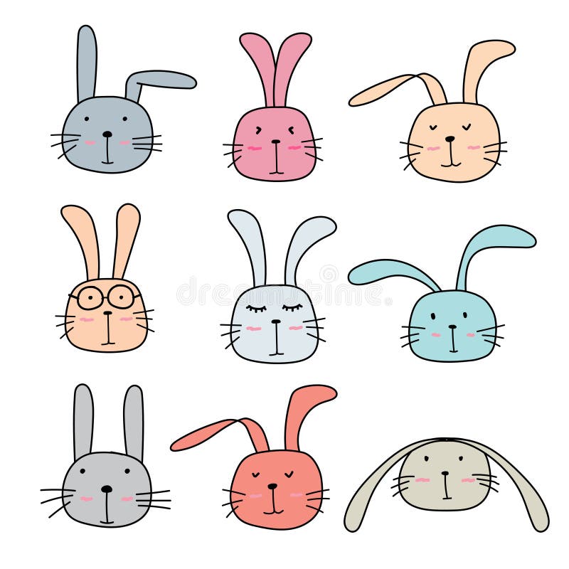 Hand Drawn Bunny Cute Characters Set. Stock Vector - Illustration of ...