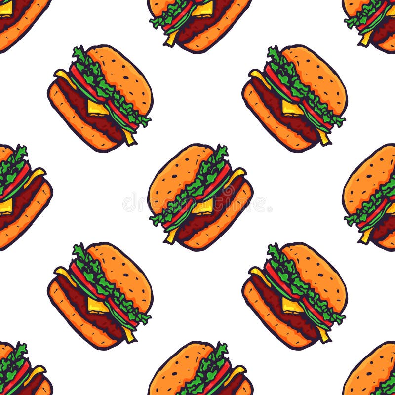 Hand Drawn Burger Seamless Pattern Background. Vector Stock Vector ...