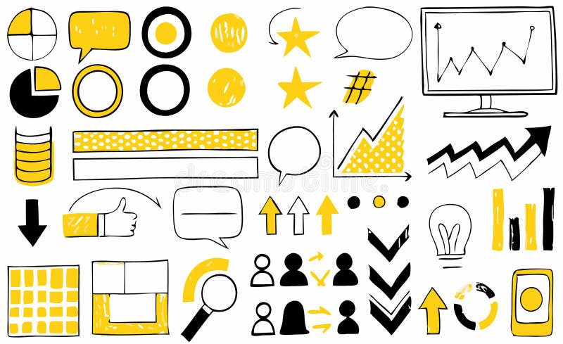 Hand Drawn Business Charts Graphs Icons Yellow Black Doodle Design ...