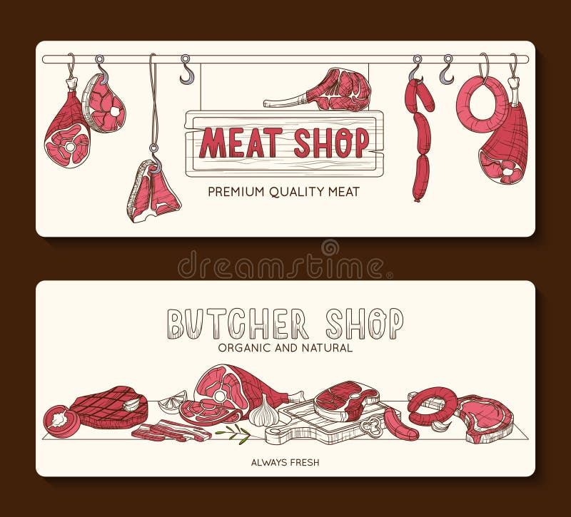 Hand Drawn Butcher Shop Banner Set Stock Illustration - Illustration of ...