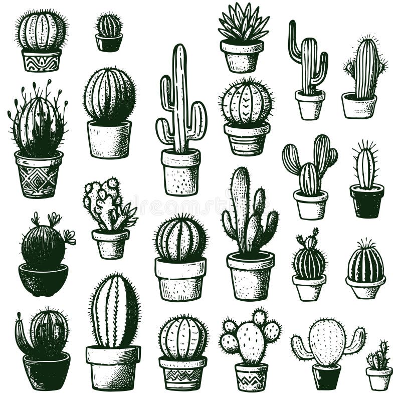 Hand Drawn Cactus Vector Illustration. Set Vector Illustration Linear ...