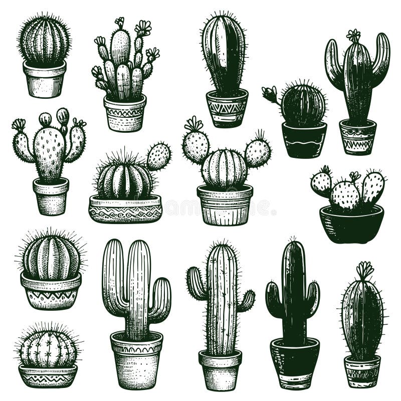Hand Drawn Cactus Vector Illustration. Set Vector Illustration Linear ...