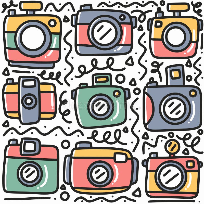 Hand Drawn Camera Doodle Set Stock Vector - Illustration of flash ...