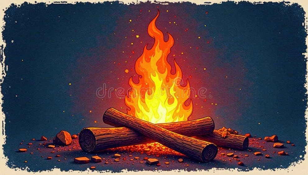Hand Drawn Campfire with Flames, Embers, and Logs , Bonfire ...