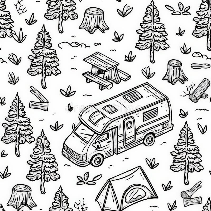 Hand-Drawn Camping Scenery Elements Stock Illustration - Illustration ...