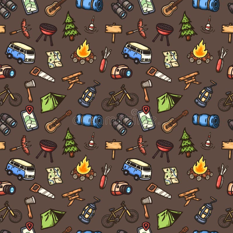 Pattern with camping stock vector. Illustration of bonfire - 94140228