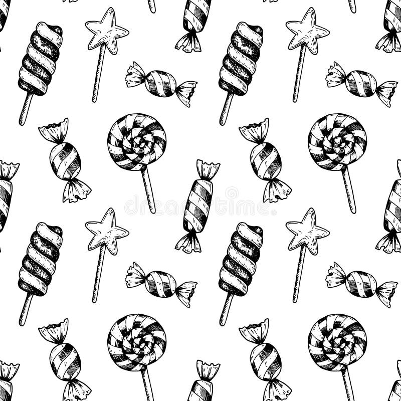 Hand Drawn Candy Seamless Pattern. Vector Illustration in Sketch Style ...