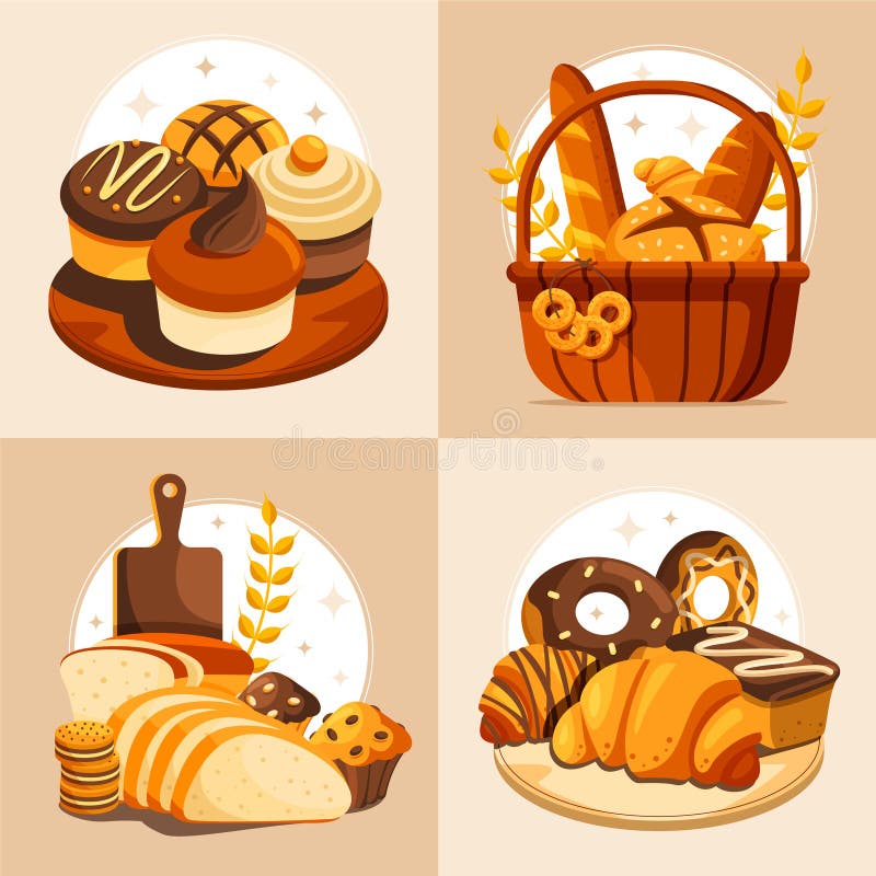 Hand Drawn Cartoon Bakery Compositions Set Stock Image - Image of good ...