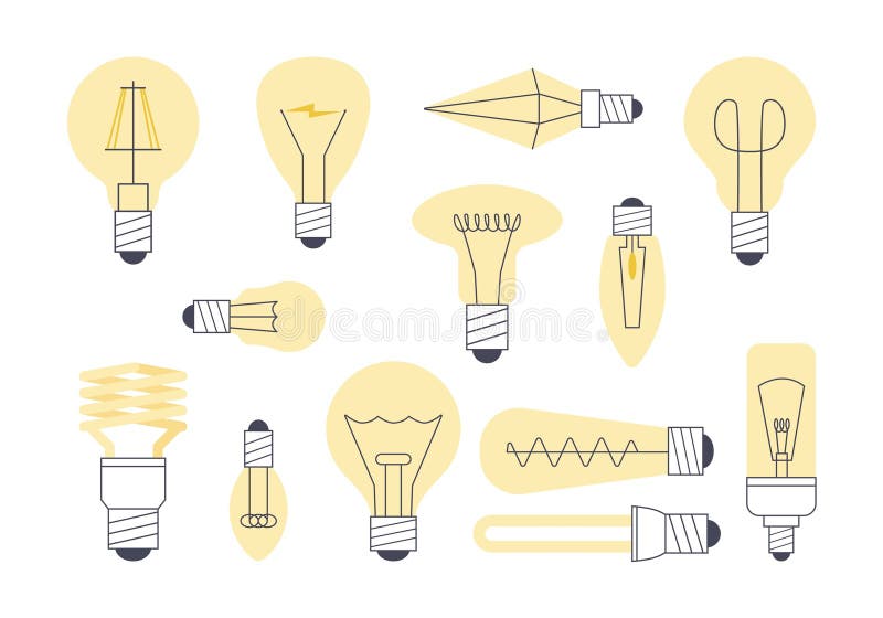 Hand Drawn Cartoon Bulbs Set. Lighting Yellow Electricity Bright Bulbs ...