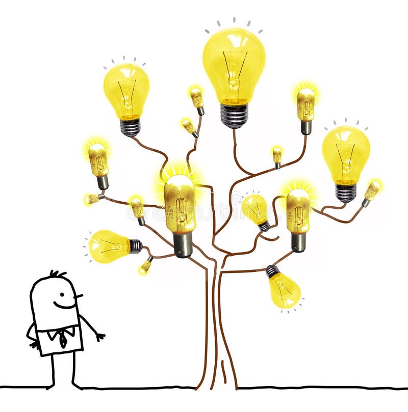Cartoon Businessman Watching a Light Bulbs Tree Stock Illustration ...