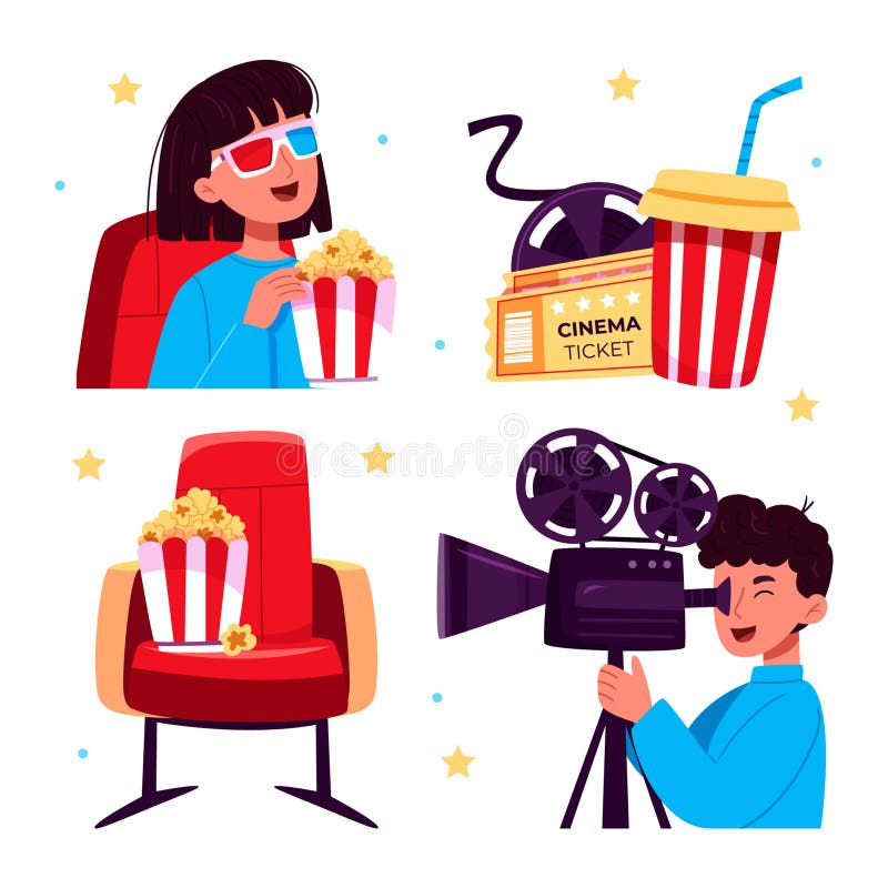 Hand Drawn Cartoon Cinema Mini Composition Set Stock Illustration ...