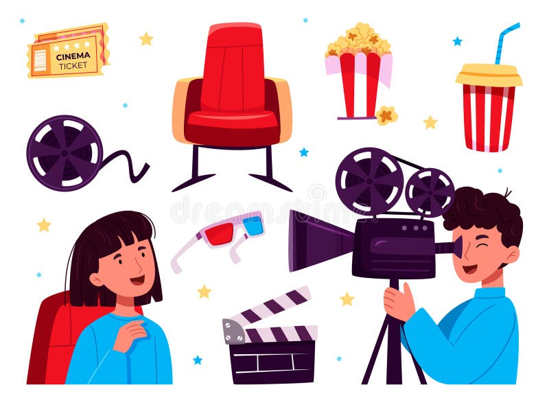 Hand Drawn Cartoon Cinema Set Stock Illustration - Illustration of flat ...