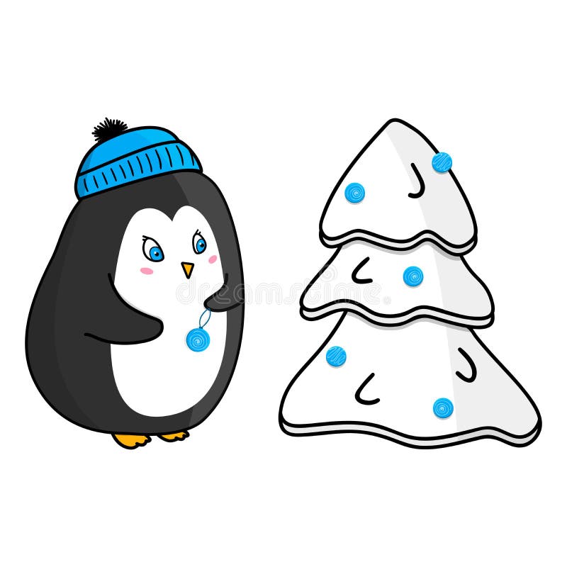 Hand Drawn Cartoon Cute Dressed Penguin with Christmas Tree Stock ...