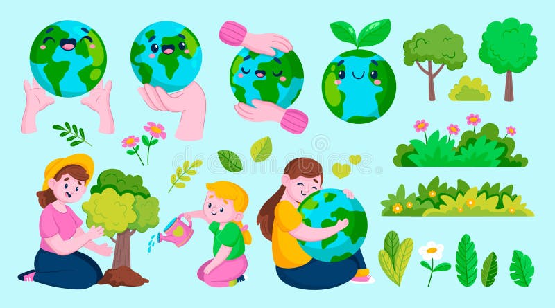 Hand Drawn Cartoon Earth Day Set Stock Illustration - Illustration of ...