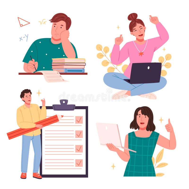 Hand Drawn Cartoon Exam Mini Composition Set Stock Illustration ...