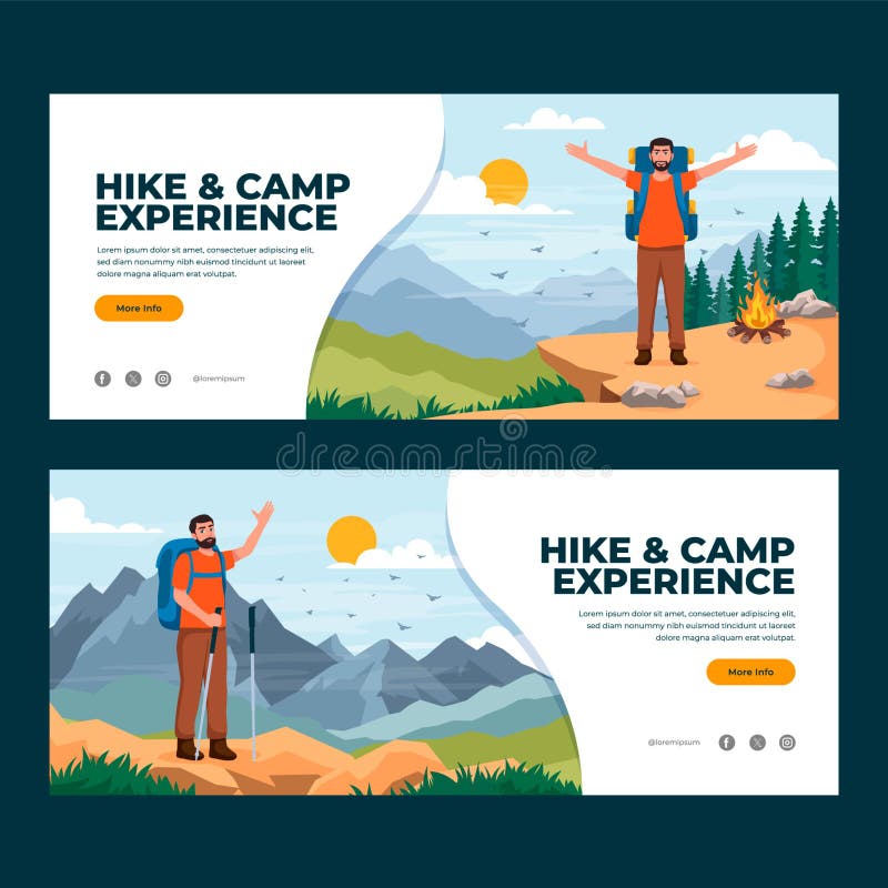 Hand Drawn Cartoon Hiking Banner Set Stock Illustration - Illustration ...