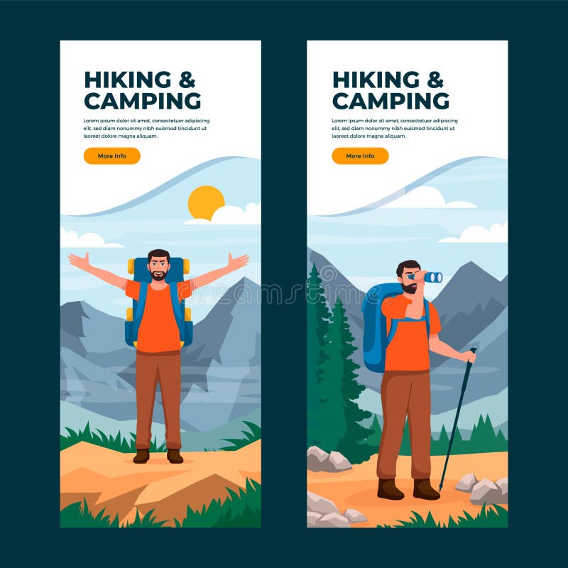 Hand Drawn Cartoon Hiking Banner Set Stock Illustration - Illustration ...