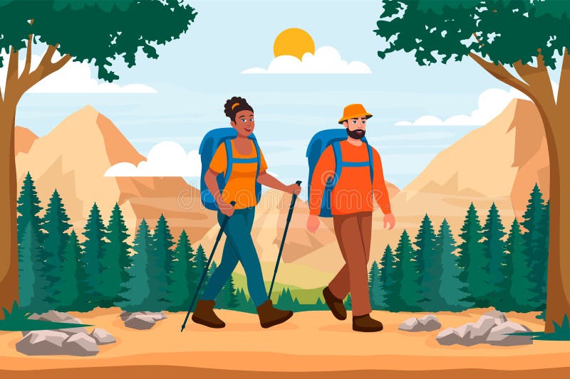 Hand Drawn Cartoon Hiking Composition Stock Illustration - Illustration ...