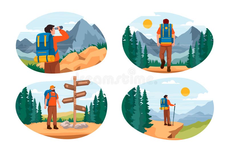 Hand Drawn Cartoon Hiking Mini Composition Set Stock Illustration ...