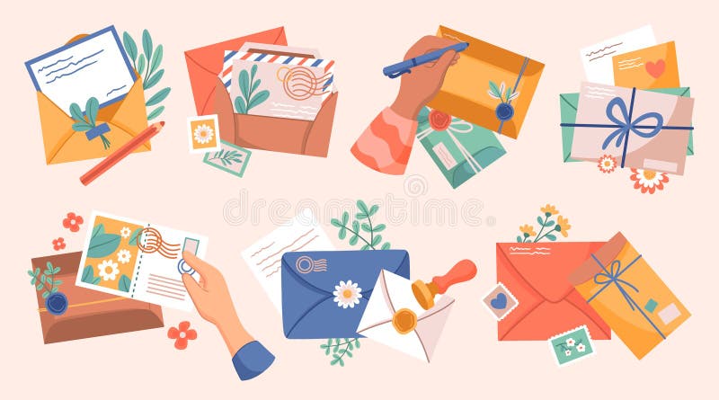 Hand Drawn Cartoon Mail Mini Composition Set Stock Illustration ...