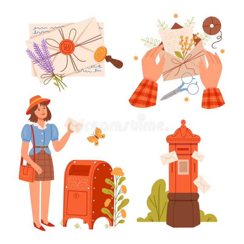 Hand Drawn Cartoon Mail Mini Composition Set Stock Illustration ...