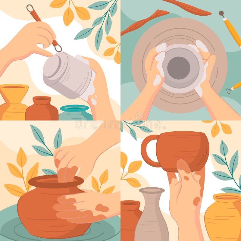Hand Drawn Cartoon Pottery Compositions Set Stock Illustration ...