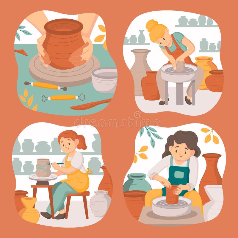 Hand Drawn Cartoon Pottery Mini Compositions Set Stock Illustration ...