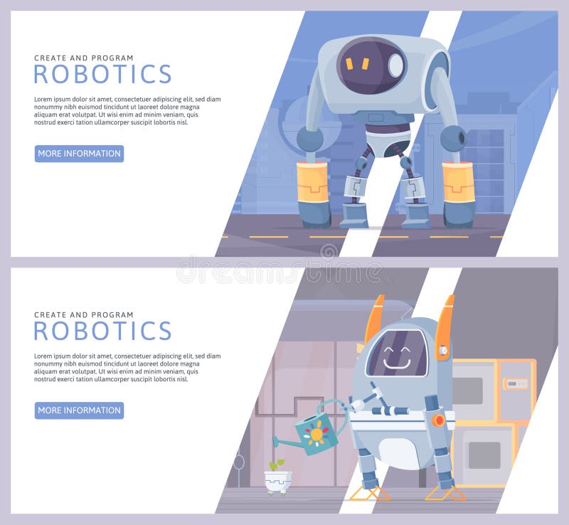 Hand Drawn Cartoon Robot Banner Set Stock Illustration - Illustration ...