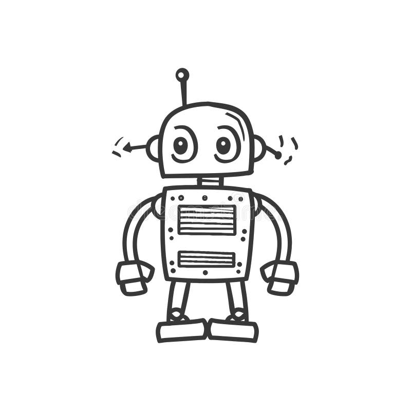 Hand-drawn Cartoon of a Robot with Large Eyes and Antenna Stock Vector ...