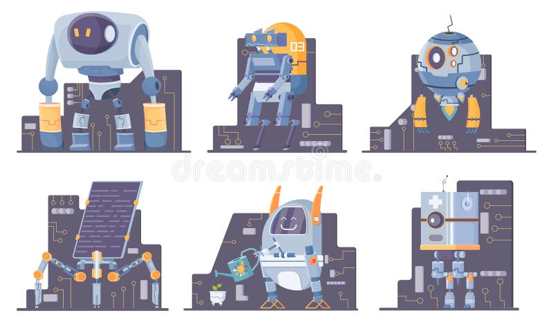 Hand Drawn Cartoon Robot Mini Composition Set Stock Illustration ...