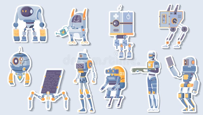 Hand Drawn Cartoon Robot Sticker Set Stock Illustration - Illustration ...