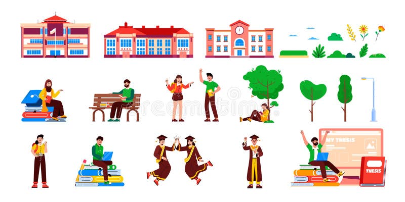 Hand Drawn Cartoon University Icons Set Stock Illustration ...