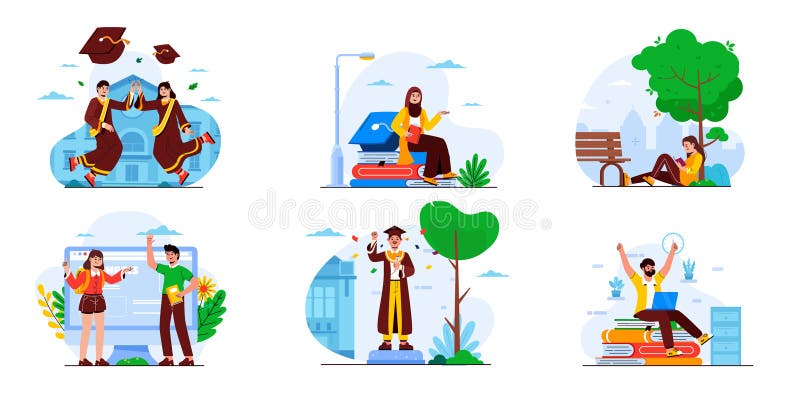 Hand Drawn Cartoon University Mini Composition Set Stock Illustration ...