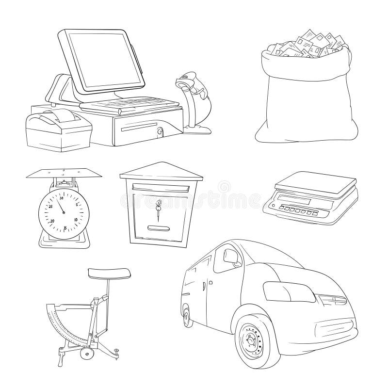 Hand Drawn of Cashier Computer, Bag, Scales, Post Box, and Car for Post ...