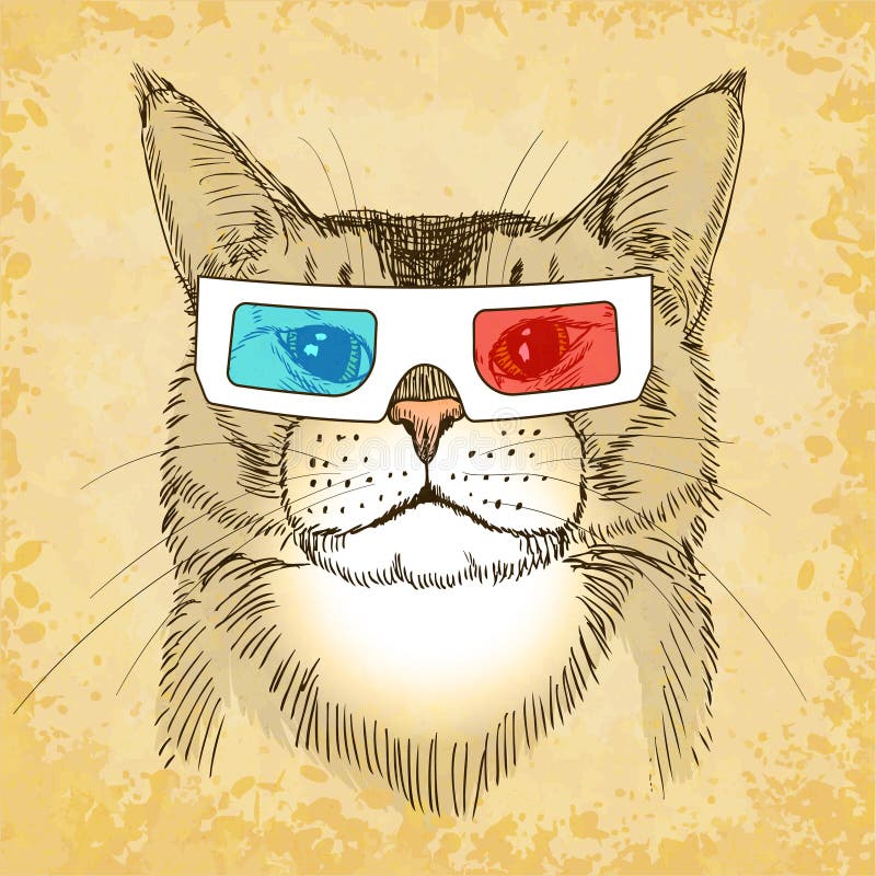 Hand Drawn Cat with 3d Glasses. Vector Illustration, Eps10. Stock ...