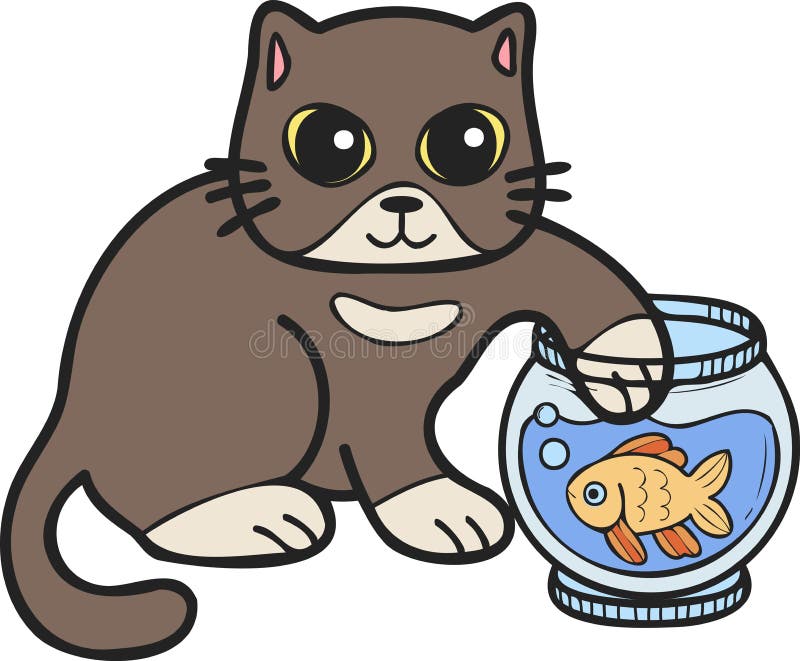 Hand Drawn Cat Playing with Fish Illustration in Doodle Style Stock ...