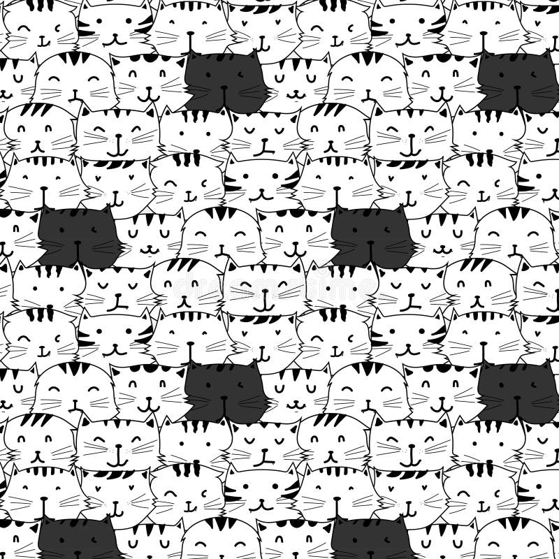 Hand Drawn Cats Vector Pattern. Doodle Art. Stock Vector - Illustration ...