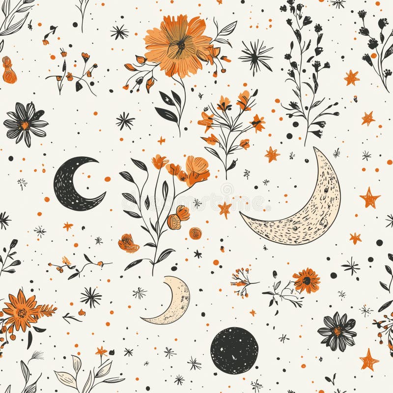 Hand-Drawn Celestial Moon and Floral Pattern Stock Illustration ...