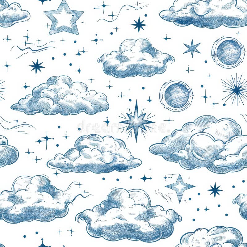 Hand-Drawn Celestial Patterns with Clouds and Stars in Blue Ink Stock ...