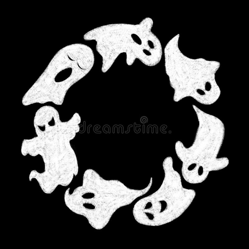 Hand Drawn Chalk Ghosts Flying in a Circle on Black Background Stock ...