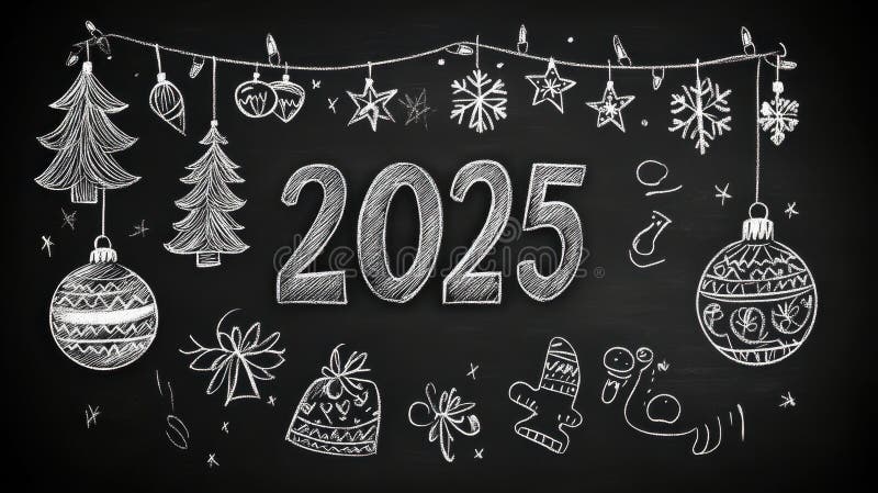 Hand-drawn Chalkboard New Year 2025 Celebration with Holiday Doodles ...