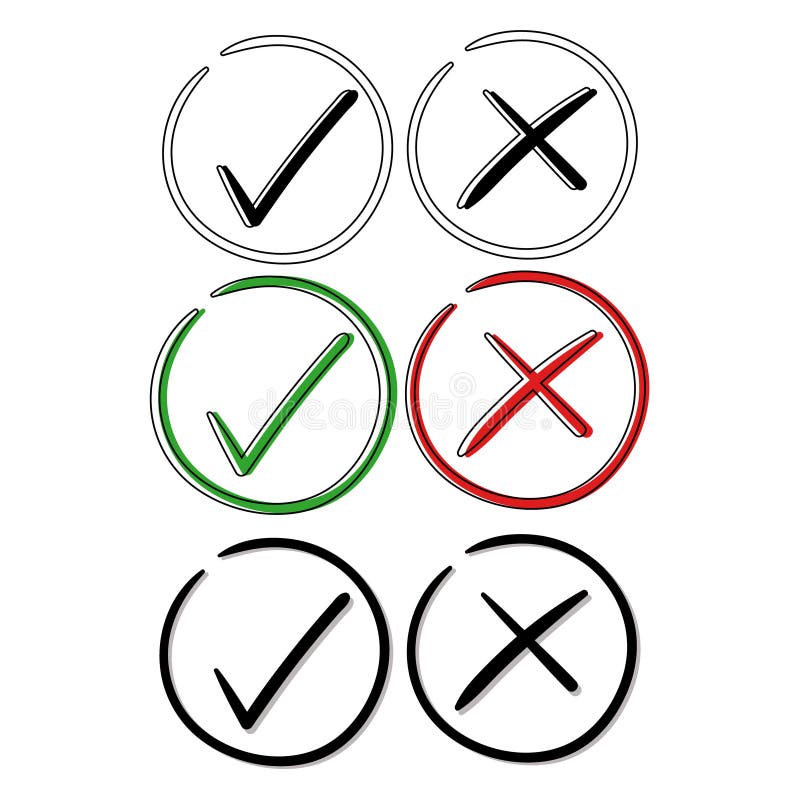 Hand-drawn Check Mark and Cross Sign Stock Vector - Illustration of ...
