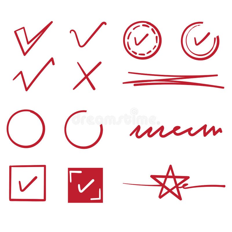 Hand Drawn Check Mark, Wrong Mark, Underline,star with Hand Drawn Doodle Line Art Style Vector ...